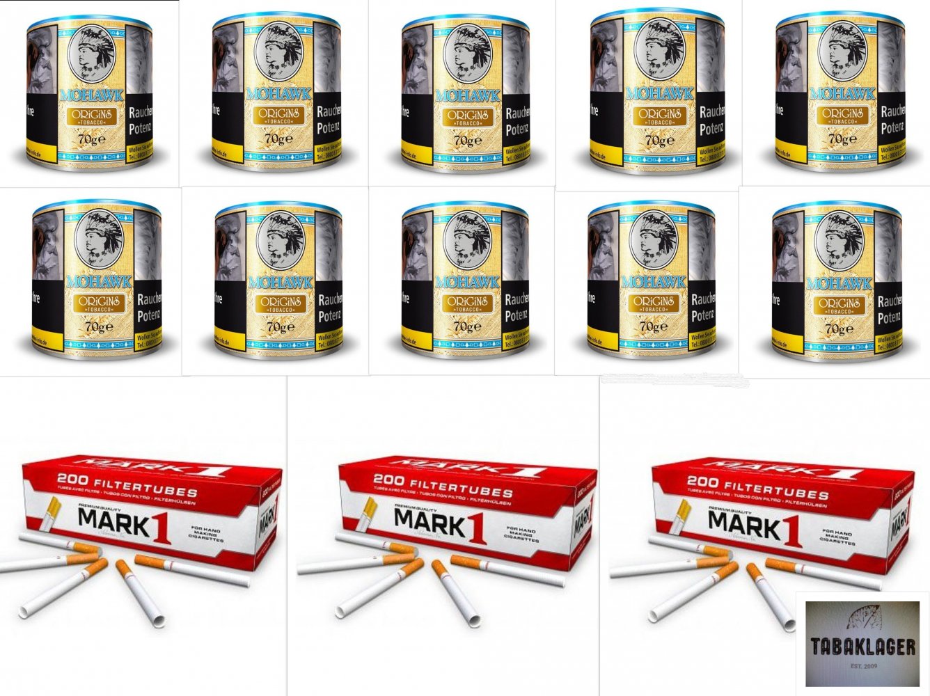 10 x 70g Zigarettentabak Mohawk Origins Tabak ohne Zusätze und 600 Hülsen