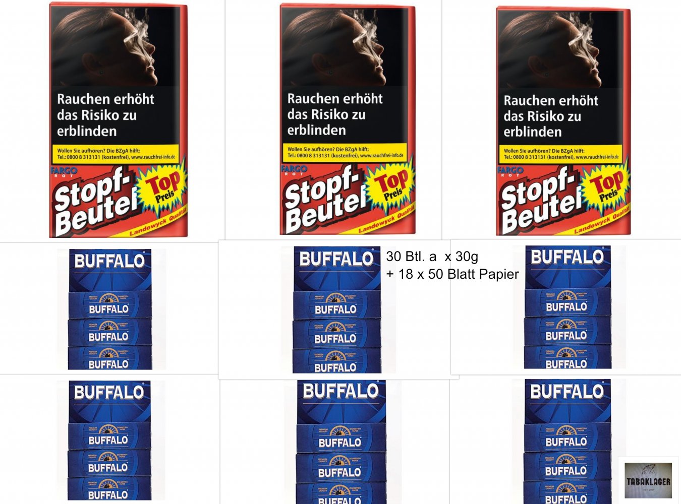 30 x 30g / 3 Stangen a 10 Pouches Zigarettentabak Stopf